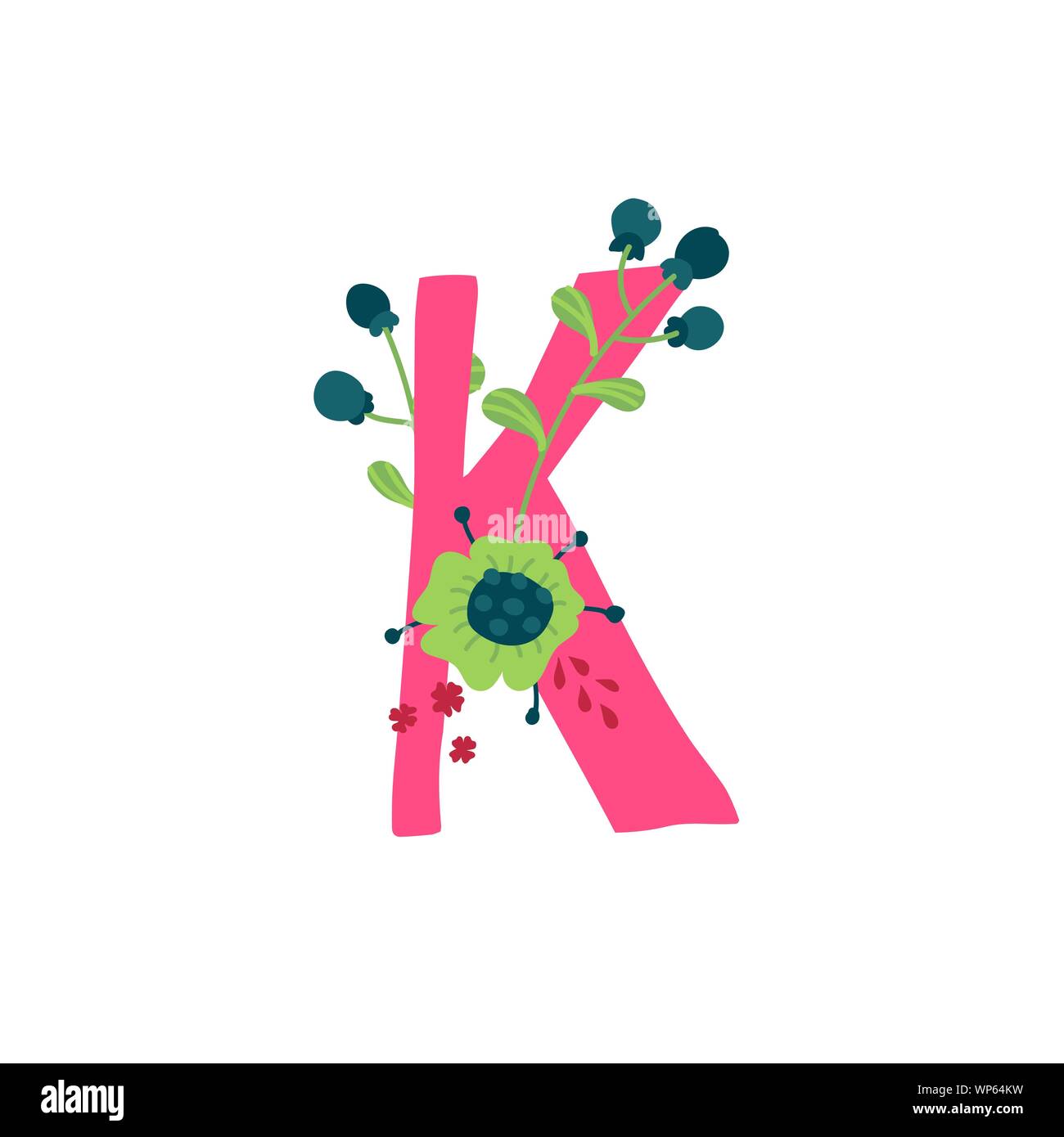 Latin letter K in flowers and plants. Vector. Letter in decorative ...