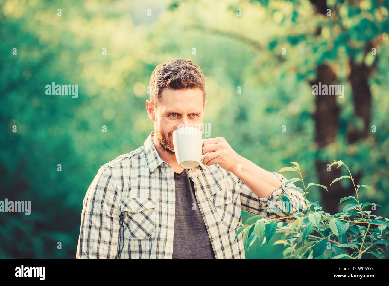 drink tea outdoor. morning coffee. healthy lifestyle. nature and health ...