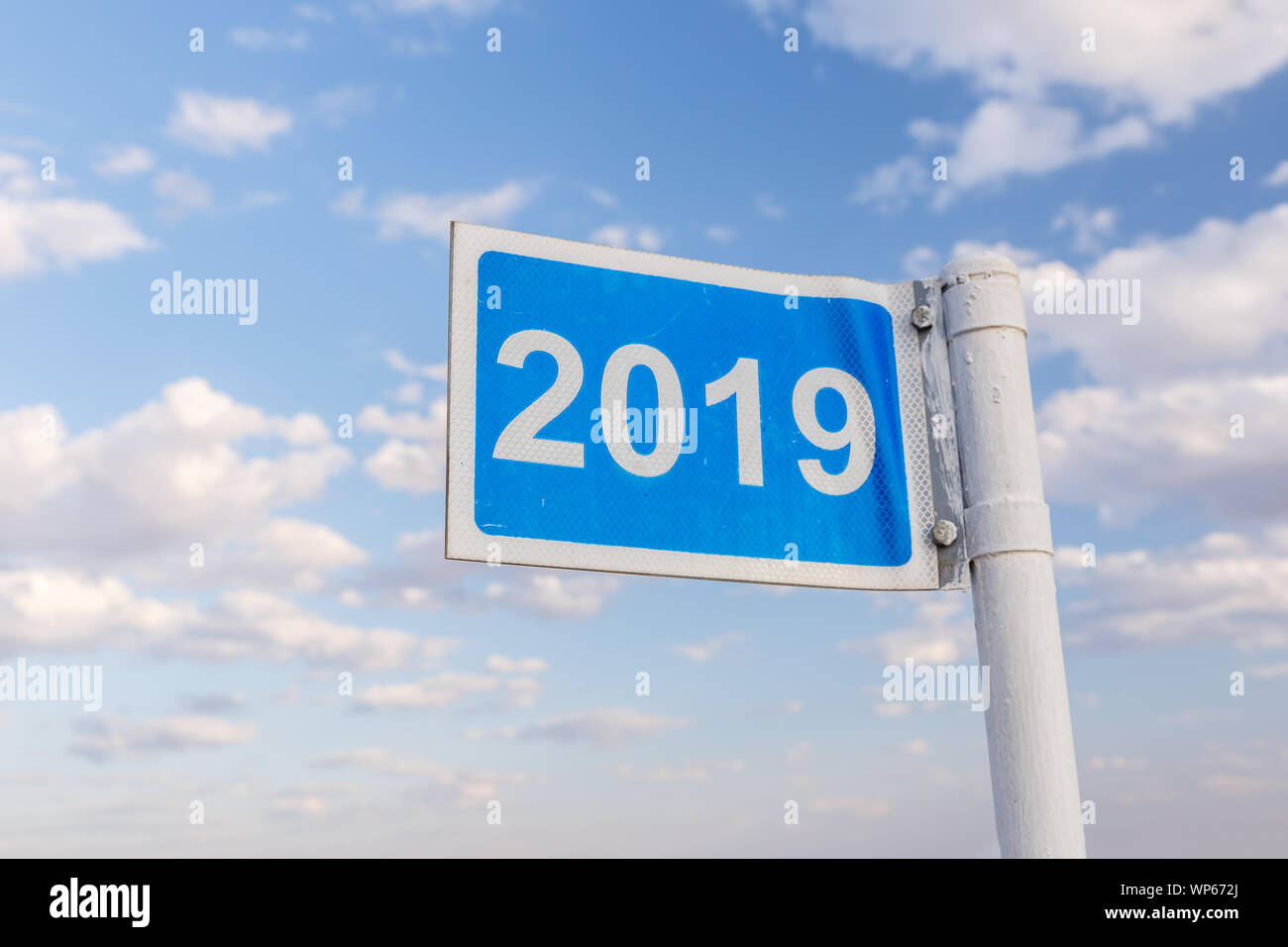 2019 kilometer sign, road sign, blue road sign marking the distance ...