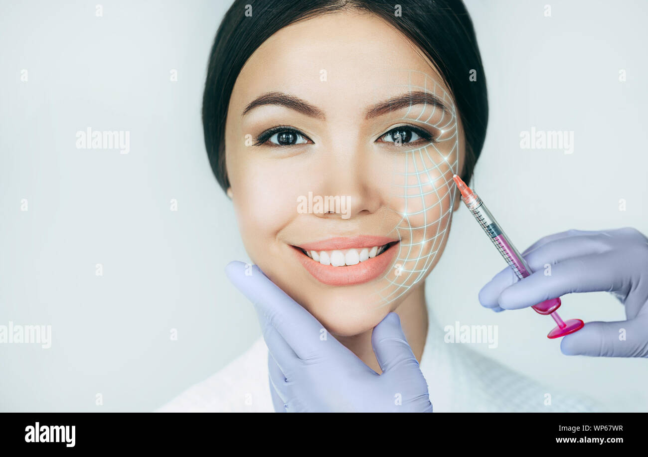 Portrait asian woman with lifting lines , showing face lift concept ...