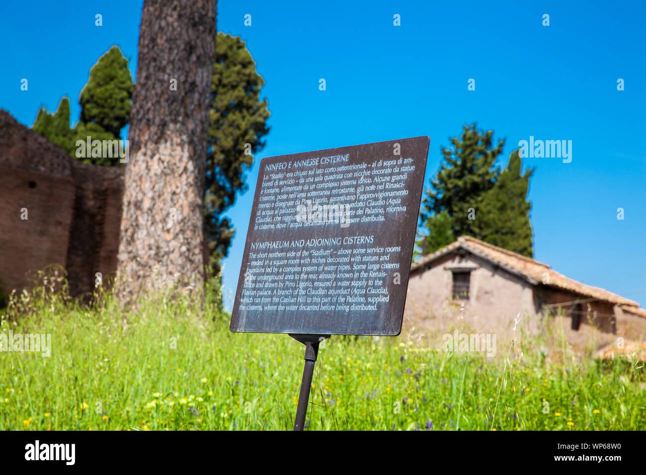 ROME, ITALY - APRIL, 2018: Informative sign at the Nymphaeum and ...