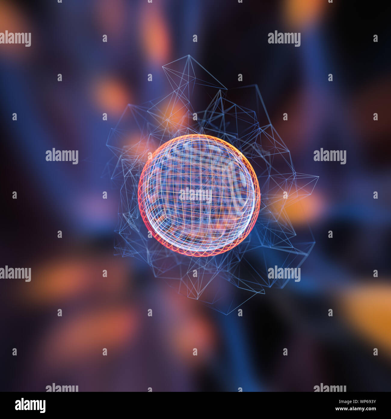 Colorful background and grid of atoms, 3d rendering. Computer digital ...