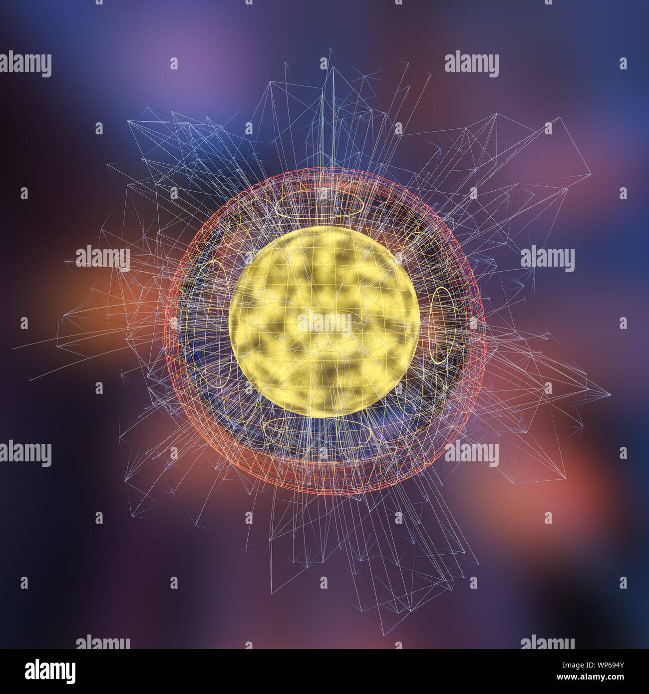 Colorful background and grid of atoms, 3d rendering. Computer digital ...
