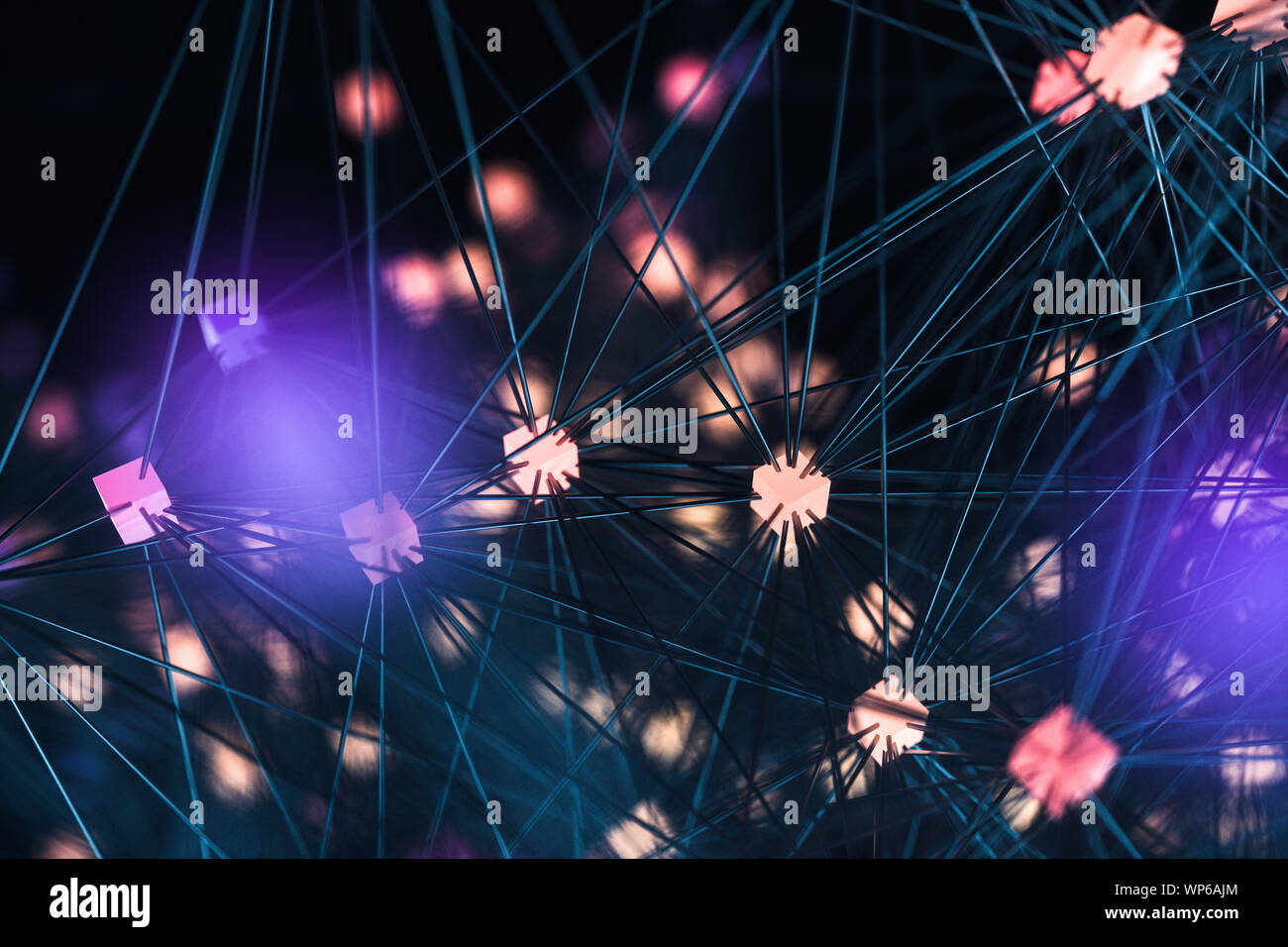 Glowing nodes with variational lines, 3d rendering. Computer digital ...