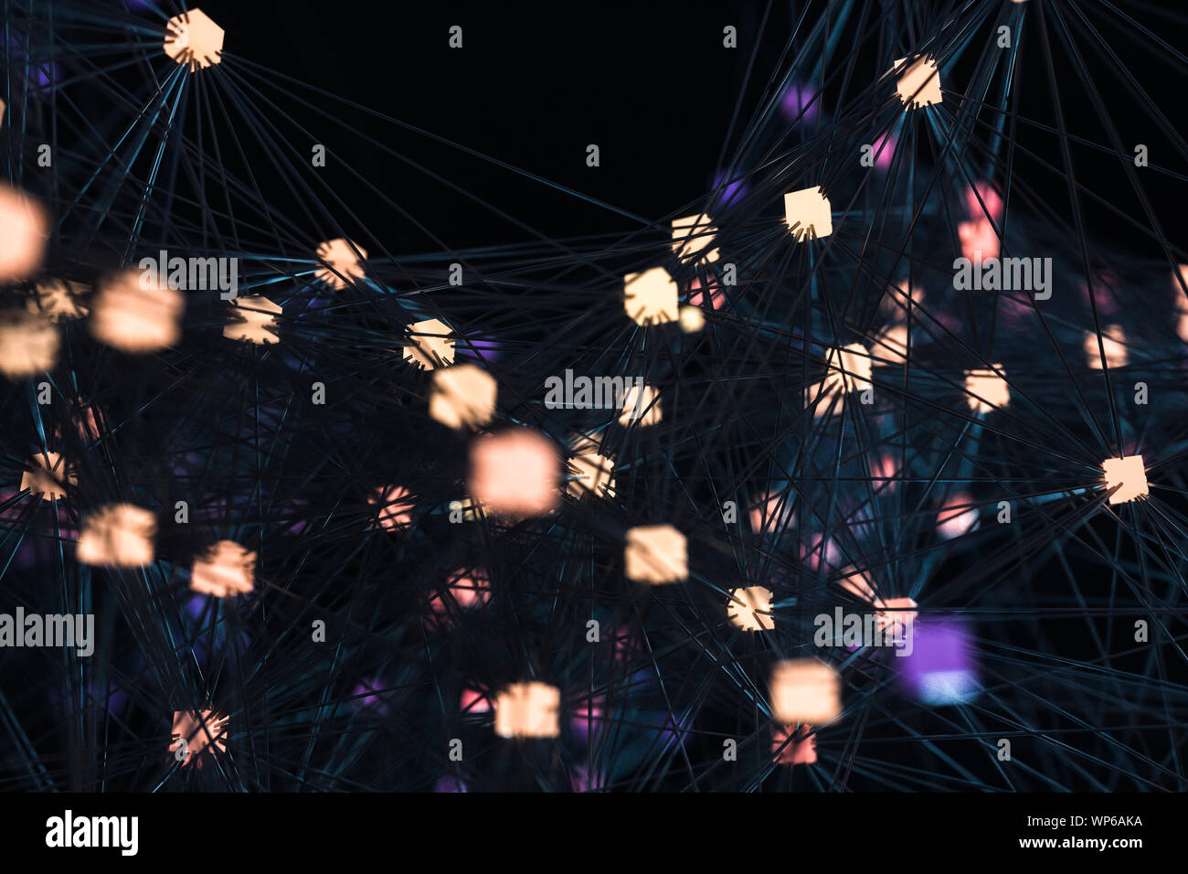 Glowing nodes with variational lines, 3d rendering. Computer digital ...