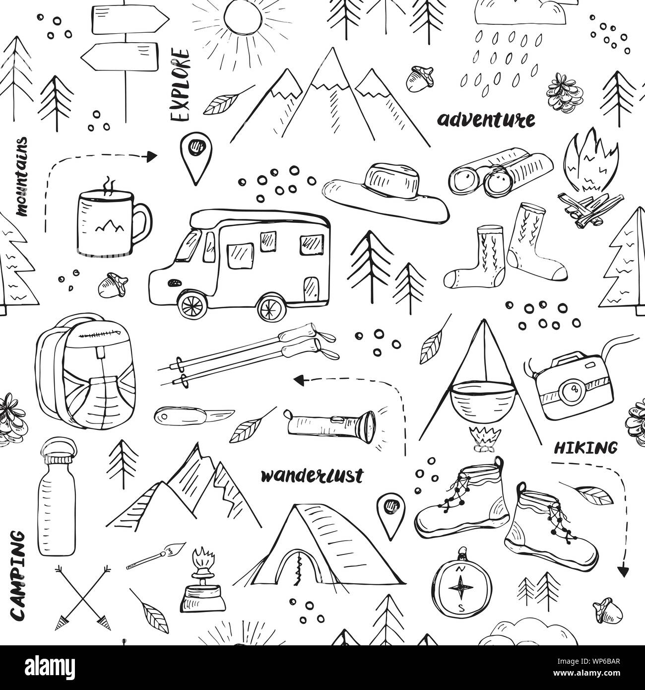Seamless pattern with hand drawn doodle style elements related to hiking, camping and travelling ...
