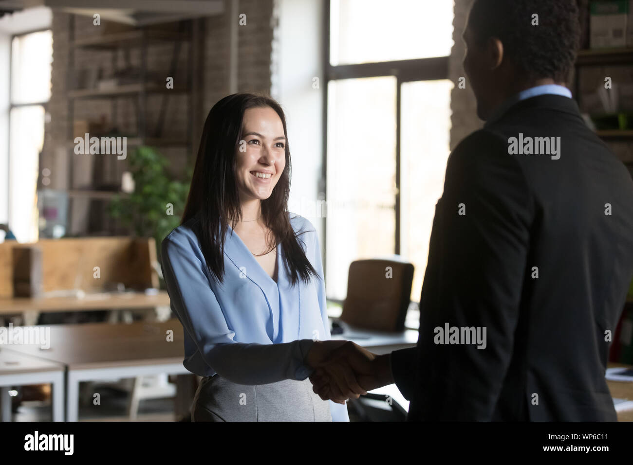 Smiling employee handshaking executive hi-res stock photography and ...