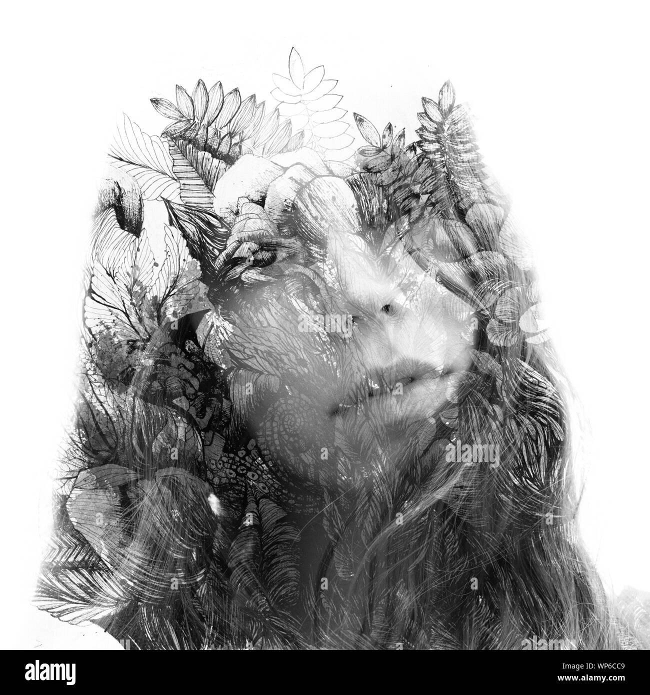 Paintography. Double exposure of woman's portrait dissolving into hand ...