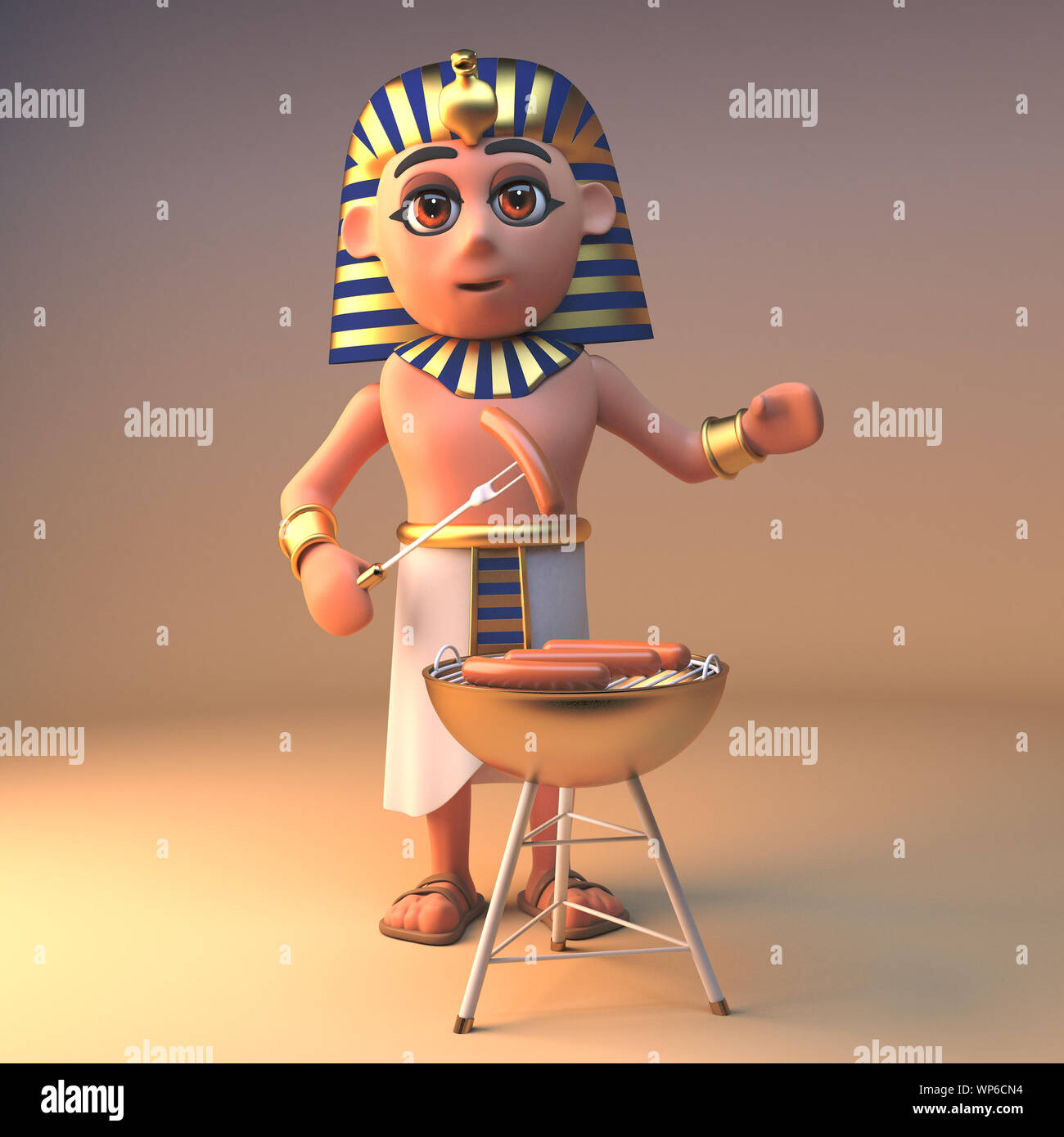 3d Cleopatra Tutankhamun Egyptian character cooking on a gold barbecue ...