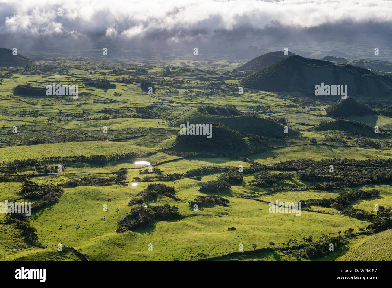 aerial like landscape after sunrise from Pico da Urze overlooking the ...