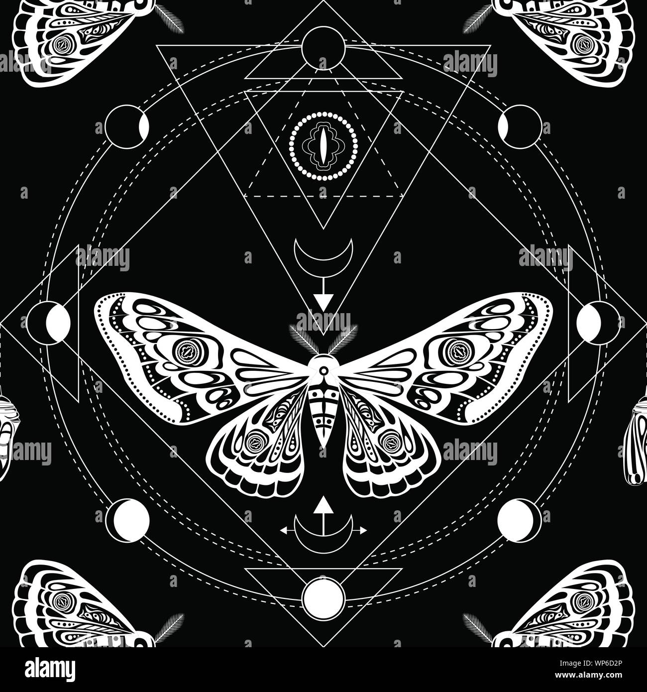 Night moth. Sacred geometry, esoteric symbols. Black and white vector ...