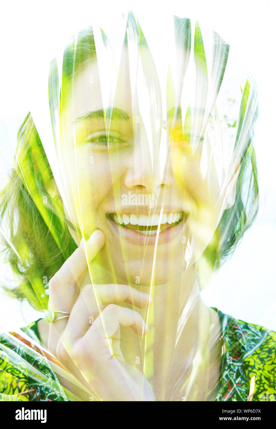 Double exposure portrait of a young, natural beauty with short hair and ...