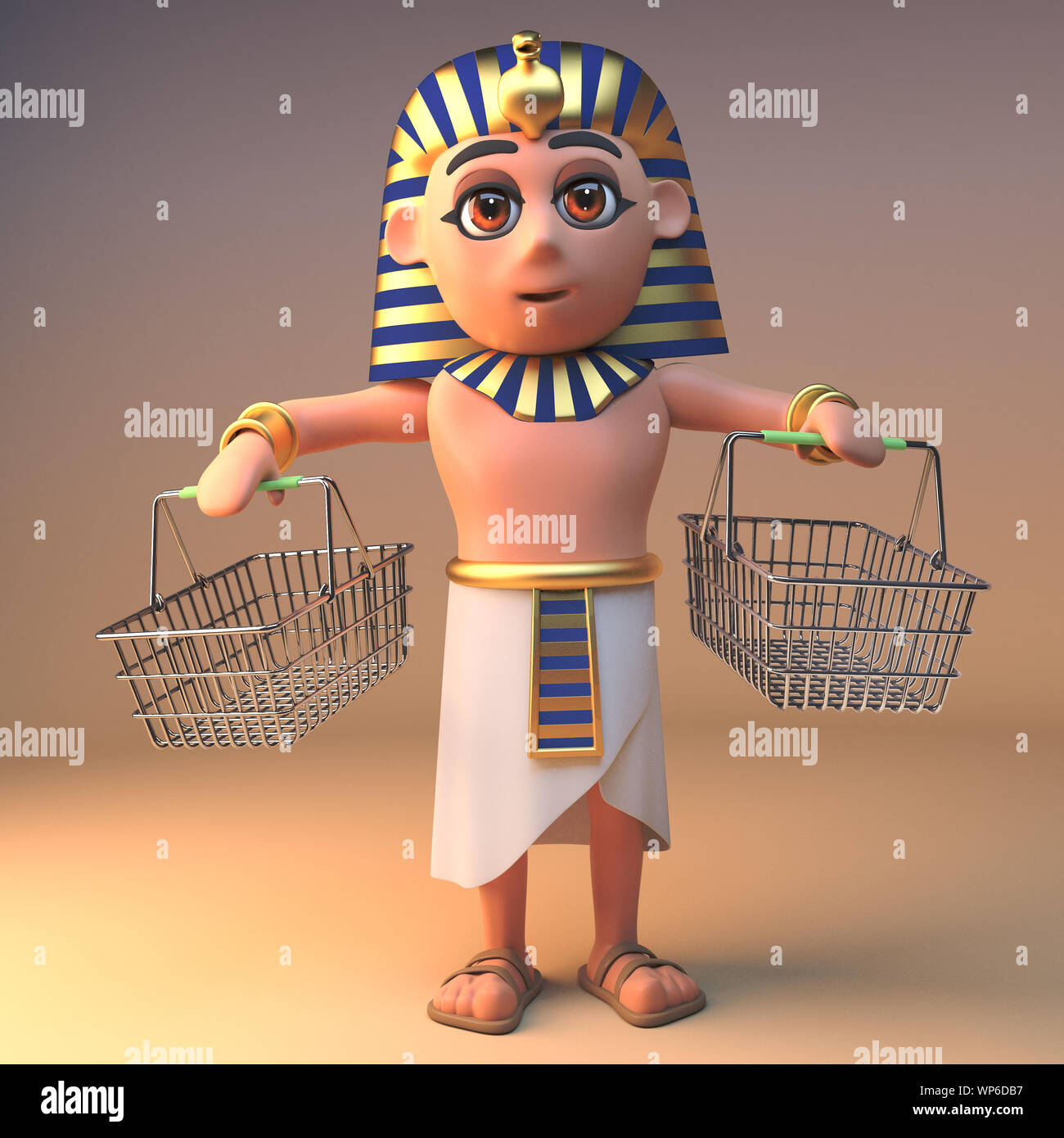Egyptian 3d cartoon Cleopatra Tutankhamun character with empty shopping ...