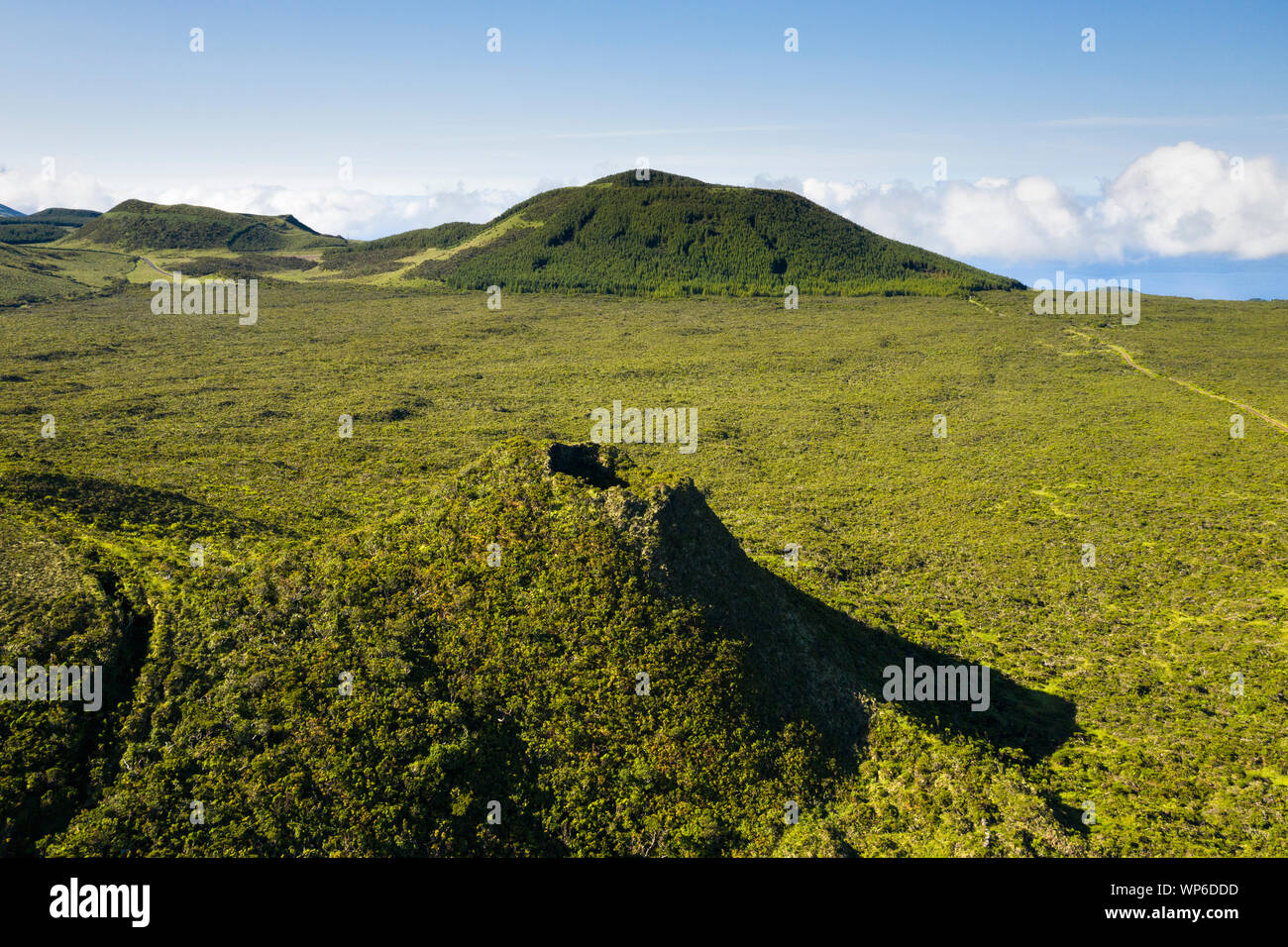 Aerial image of typical green volcanic caldera crater landscape with ...