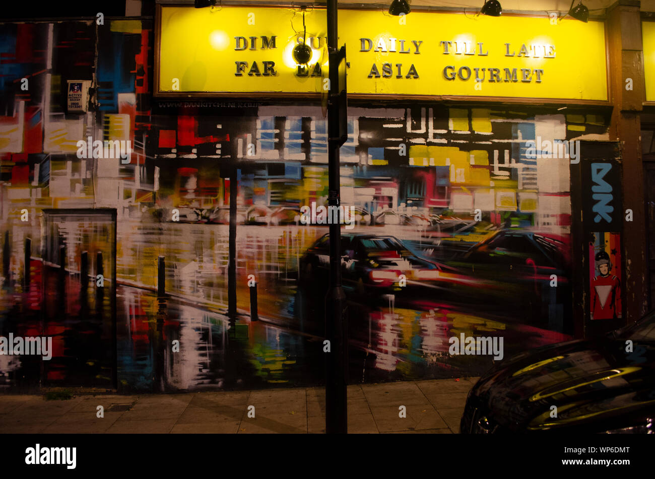Graffiti 'Liquid Lights', Hartland Road. Depicting a busy city scene ...