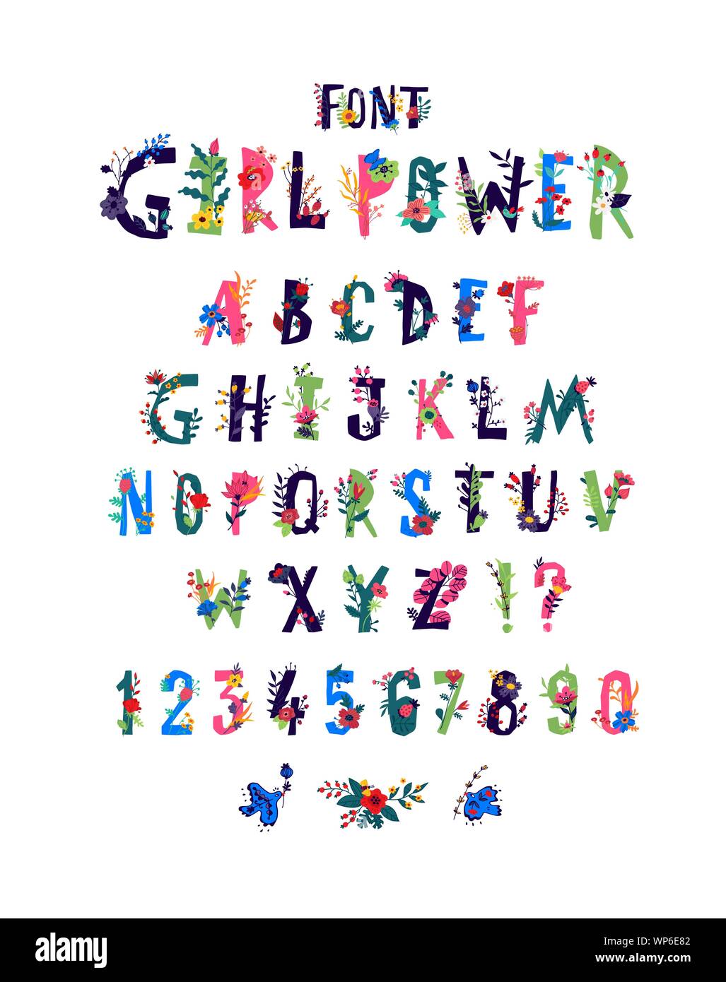English alphabet in flowers and plants. Vector. Font Girl power. Latin ...