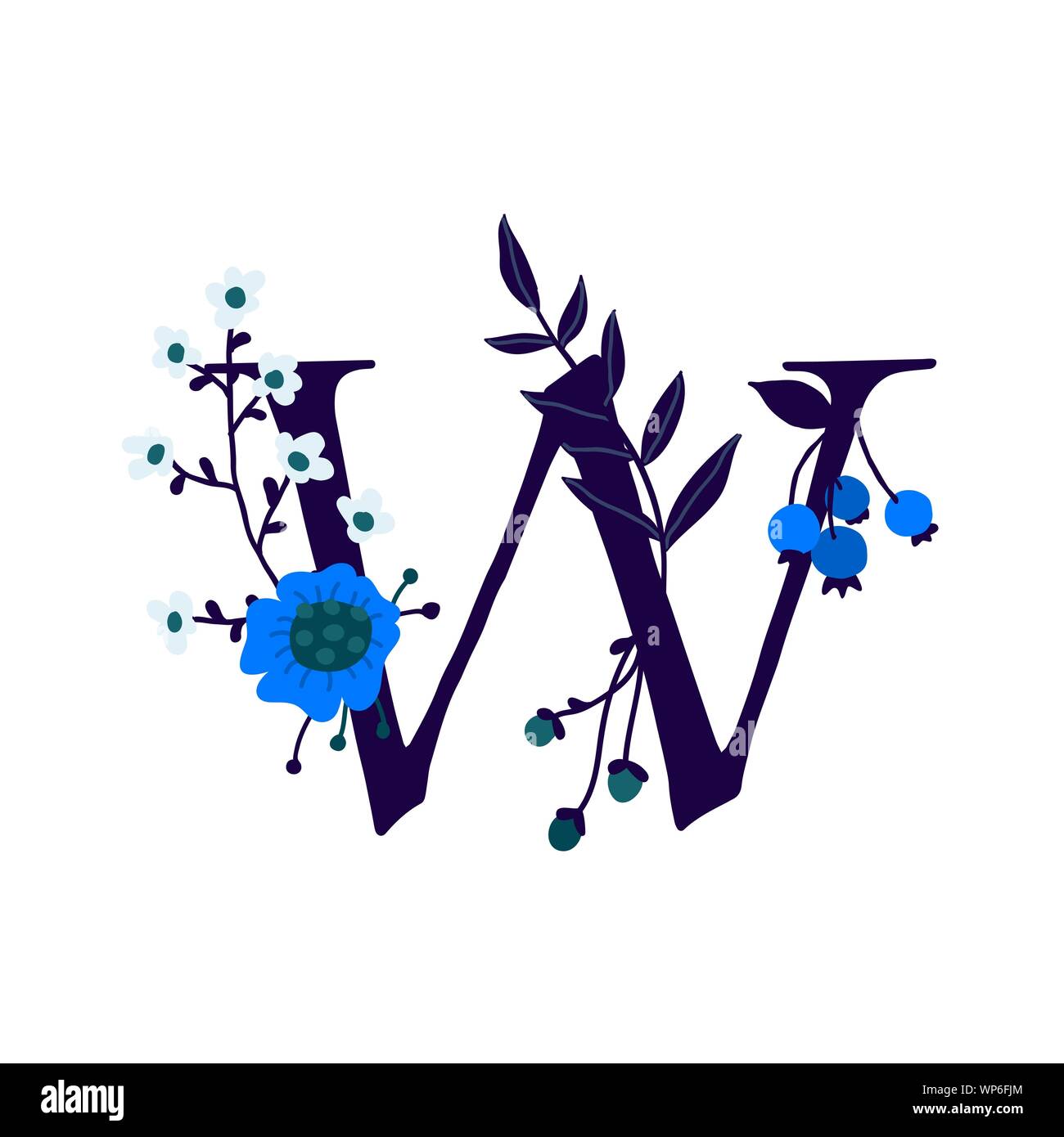 Latin letter W in flowers and plants. Vector. Letter in decorative ...