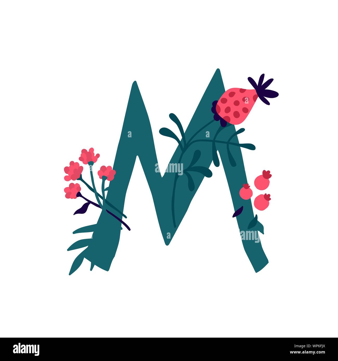 Latin letter M in flowers and plants. Vector. Letter in decorative ...