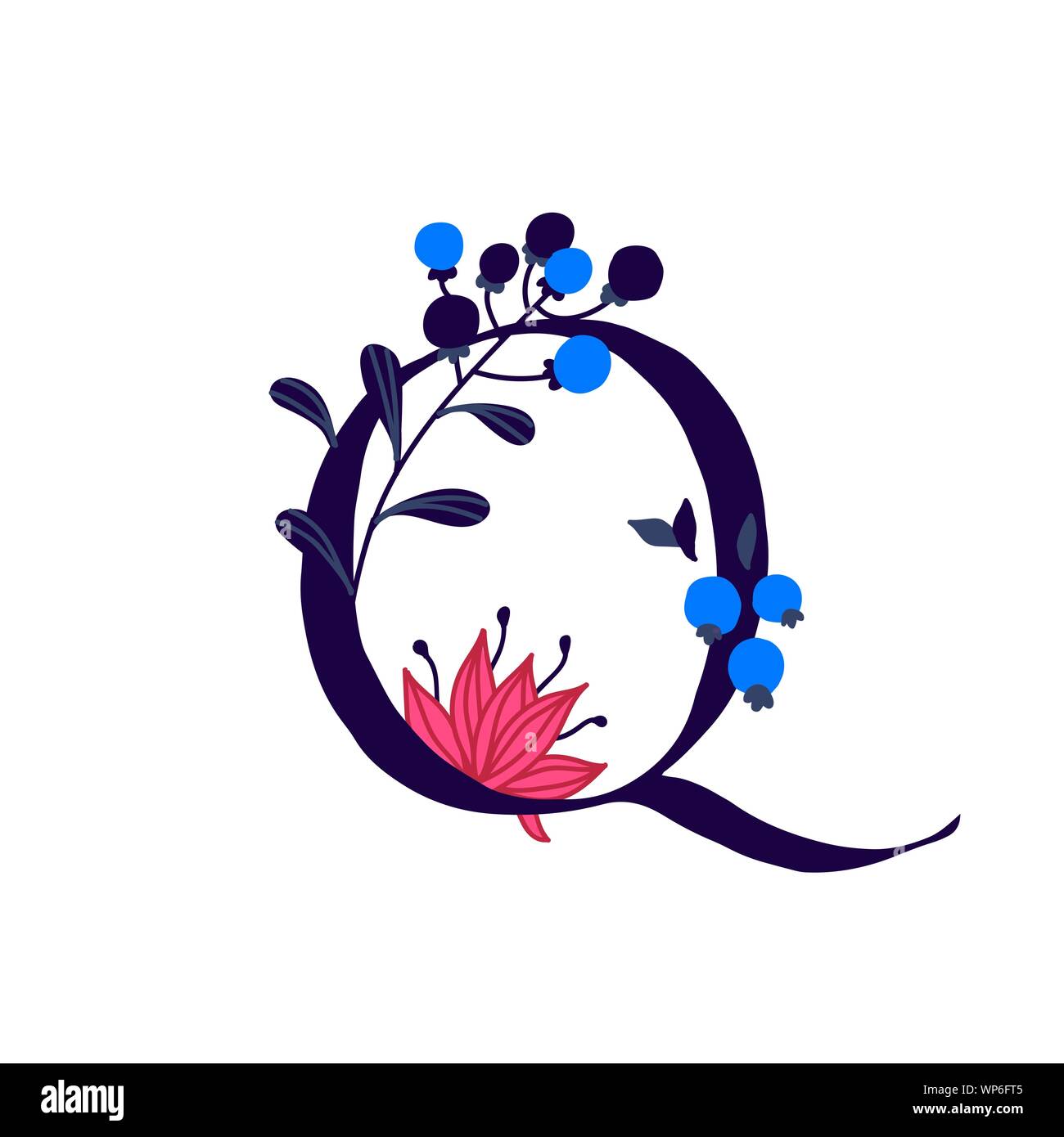Latin letter Q in flowers and plants. Vector. Letter in decorative ...
