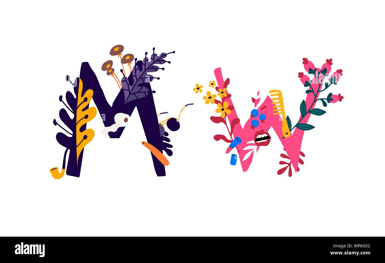 Latin letters M and W in colors and things. Vector. Letters in ...