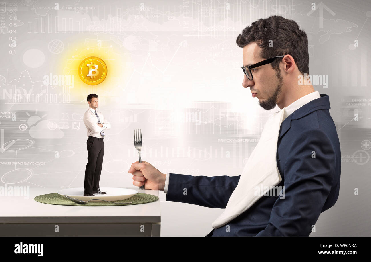 Giant businessman eating small man with financial background Stock ...