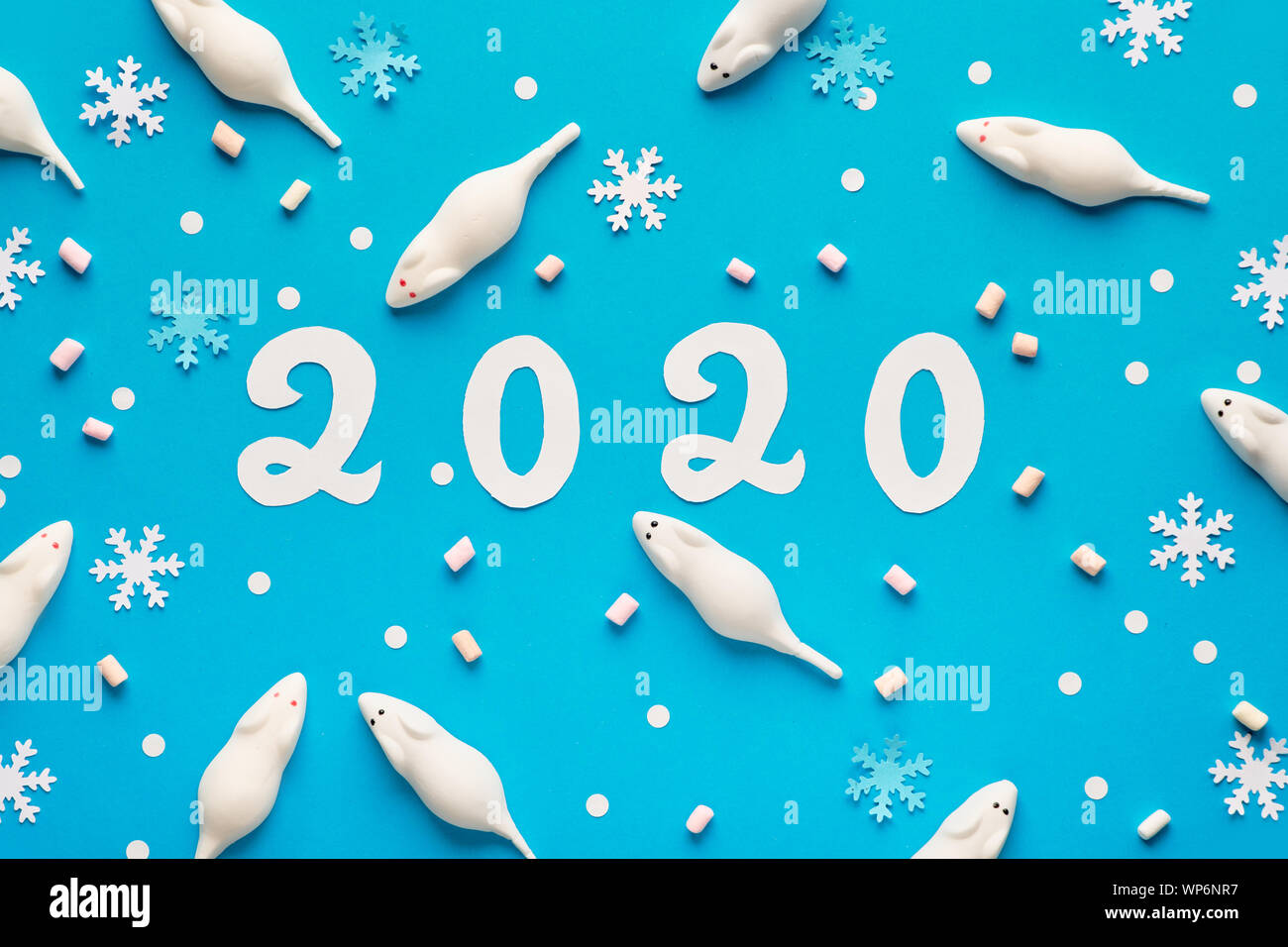 Happy New Year 2020! Creative paper flat lay in blue and white with ...