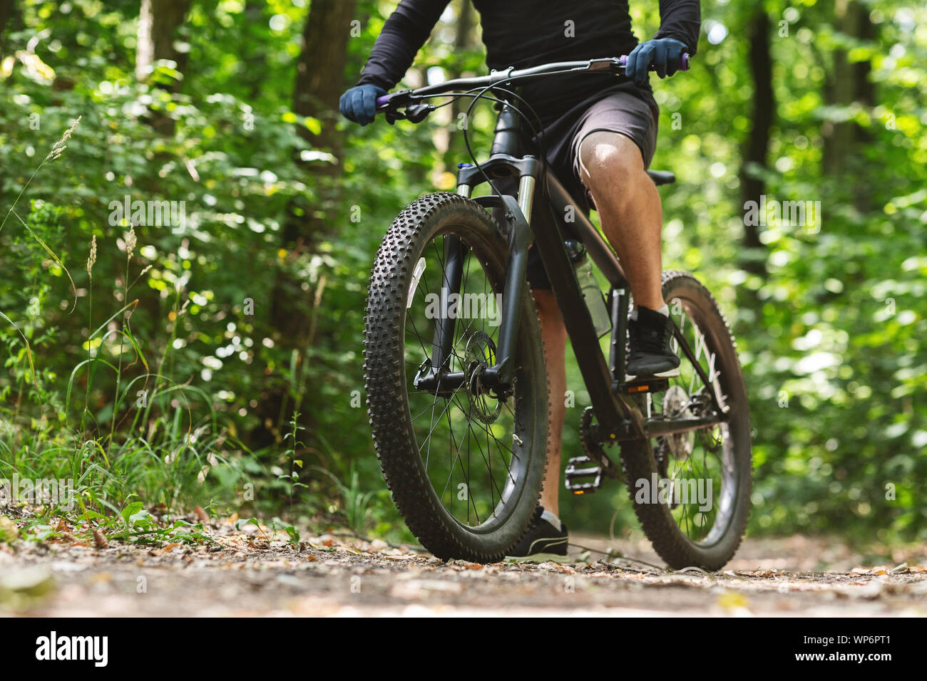 Sporty body of young cyclist riding bike down the woods Stock Photo - Alamy