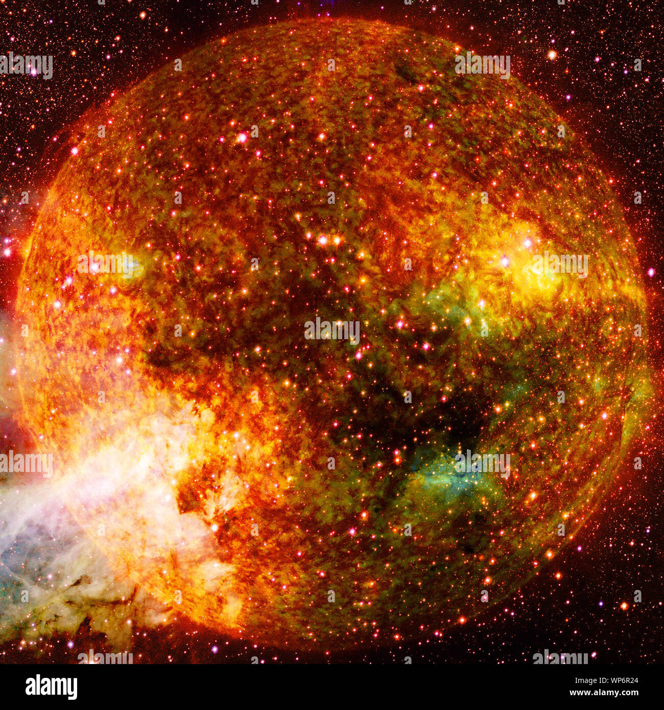 Extremely hot star. Flaring of Sun. Beauty of endless universe ...