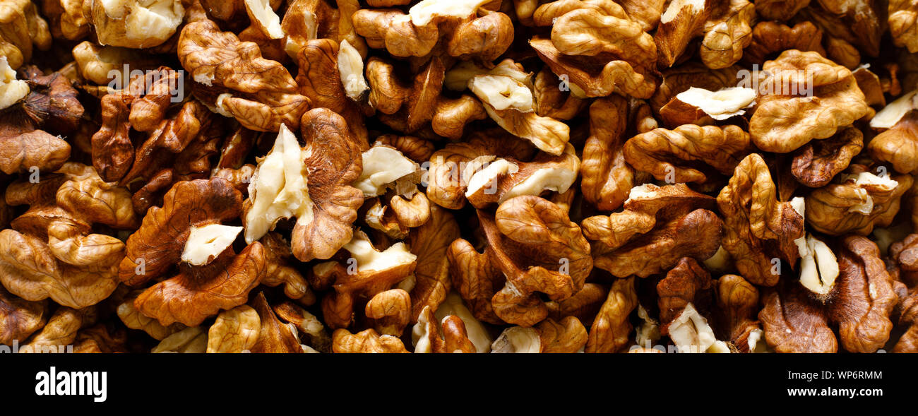 Walnuts. Kernels nuts banner background, top view Stock Photo - Alamy
