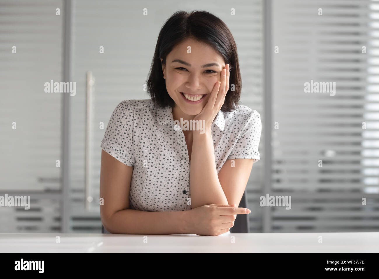 Positive young female hr manager holding distant job interview Stock ...