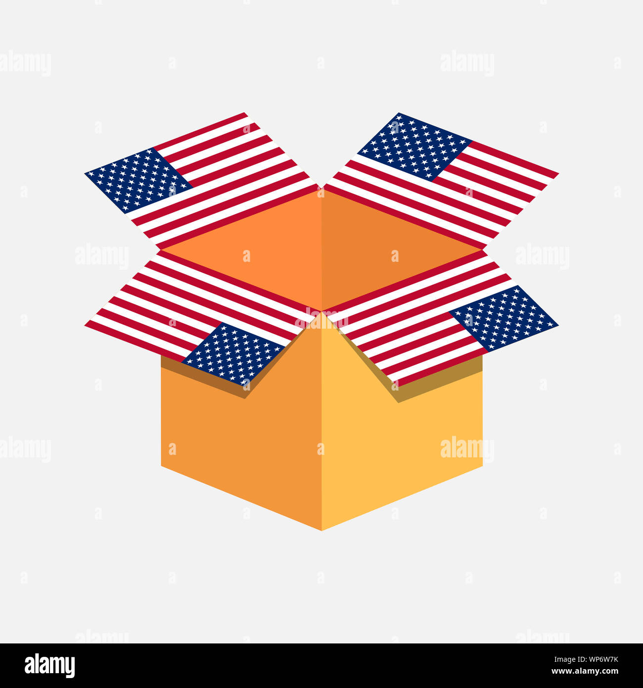 Cardboard open box with USA flag on white background Stock Photo - Alamy