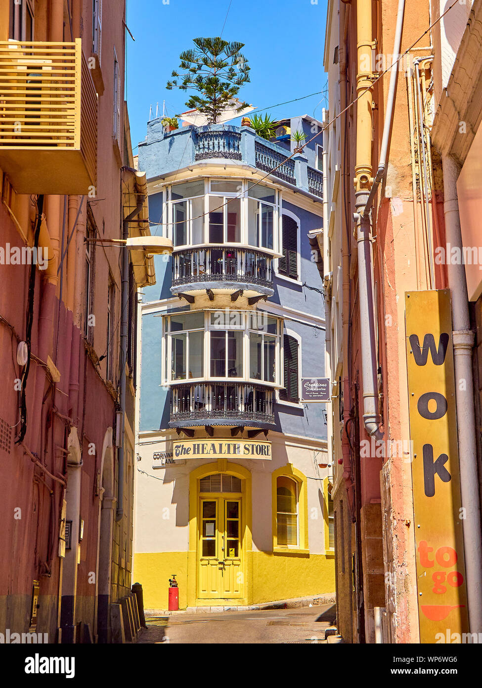 Gibraltar, UK - June 29, 2019. A typical building of Gibraltar downtown ...