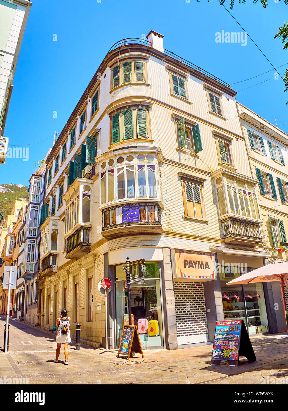 Gibraltar, UK - June 29, 2019. A typical building of Gibraltar downtown ...