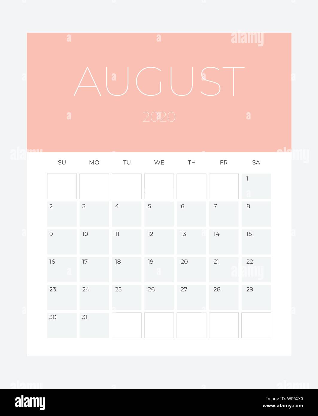 August - 2020 Calendar - illustration. Template. Mock up Week starts ...