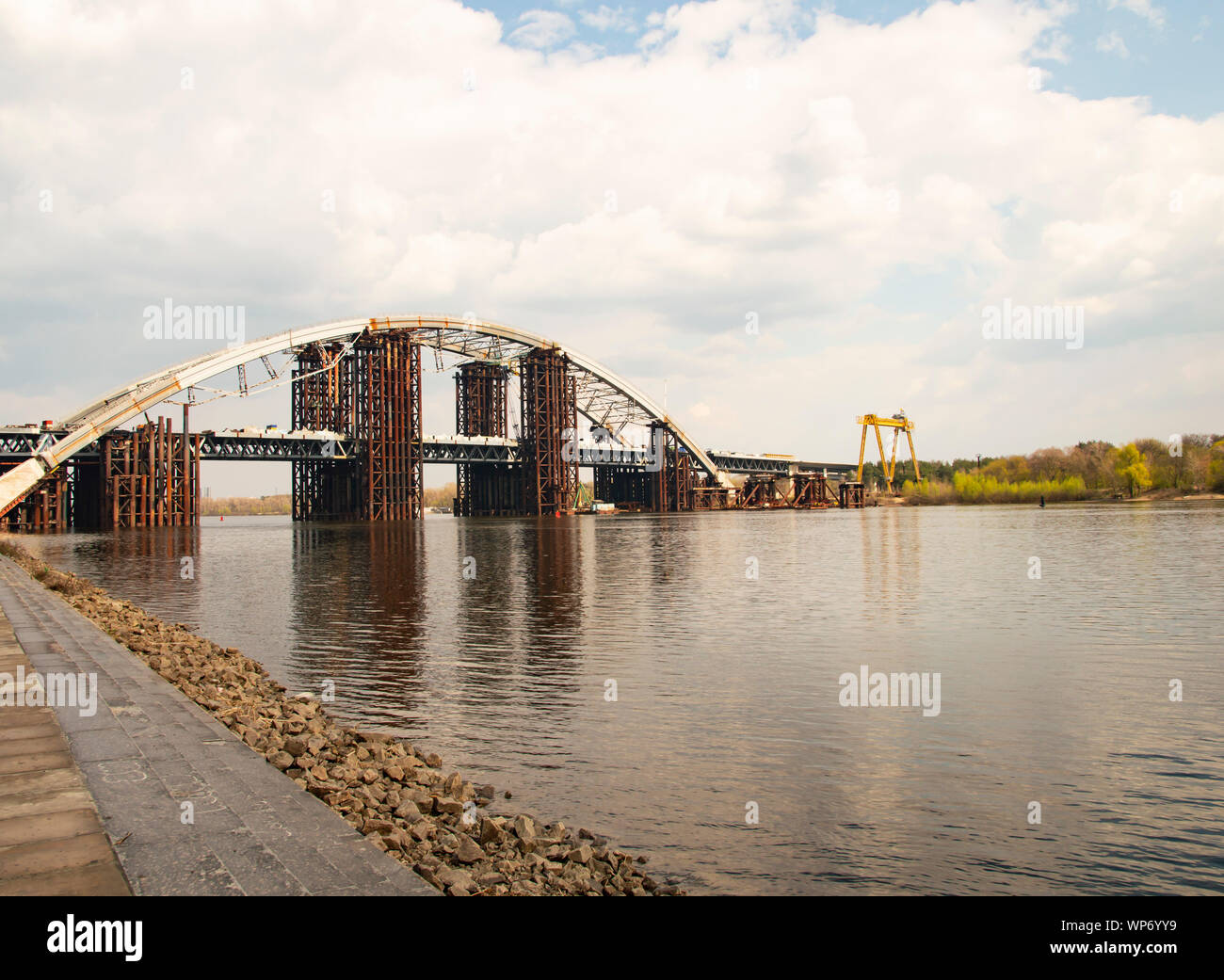 Large bridge under construction across the Dnieper River in Kiev ...