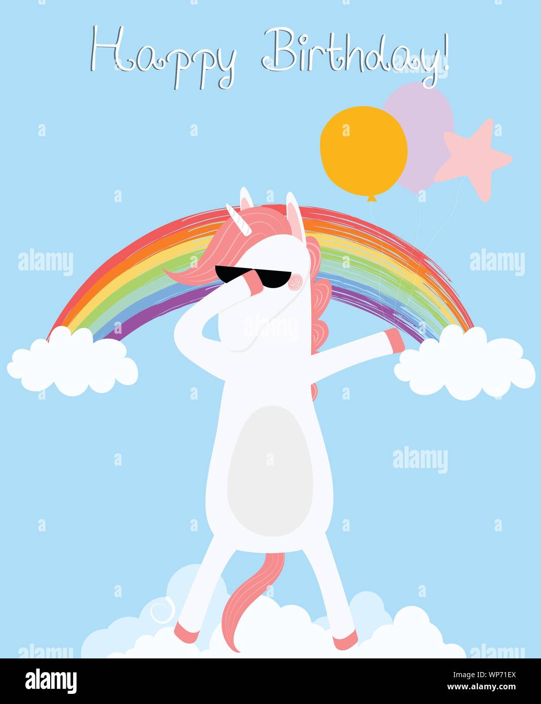 Dabbing Unicorn happy birthday greeting card. Dab horse in glasses with ...