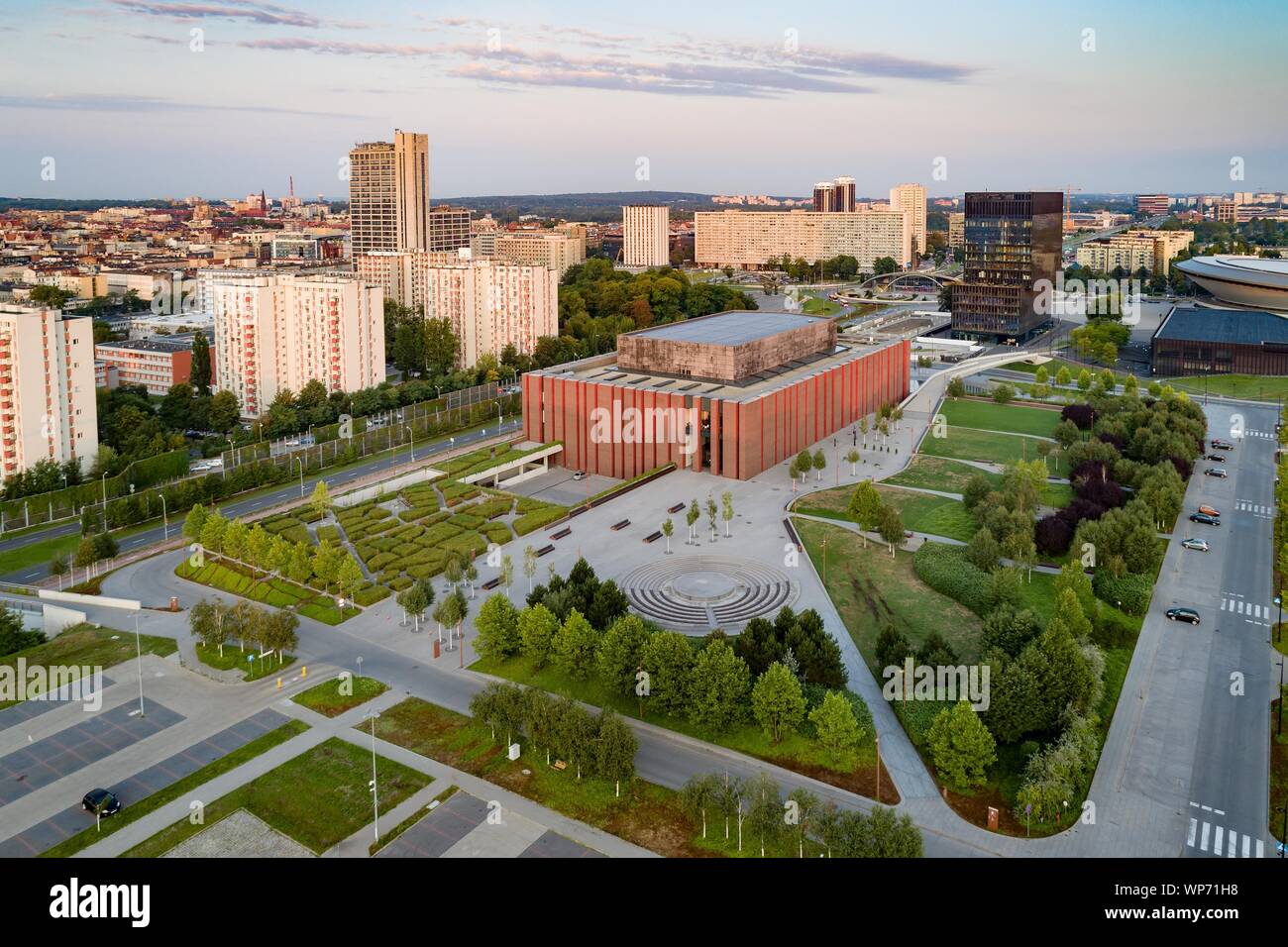Drone view of Katowice at sunrise. Katowice is the largest city and ...