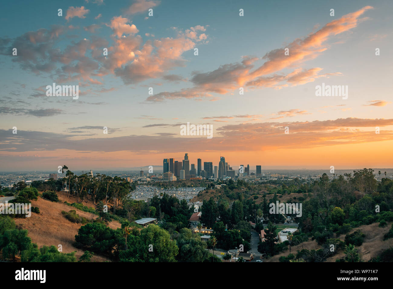 View of the downtown Los Angeles skyline at sunset, from Elysian Park ...
