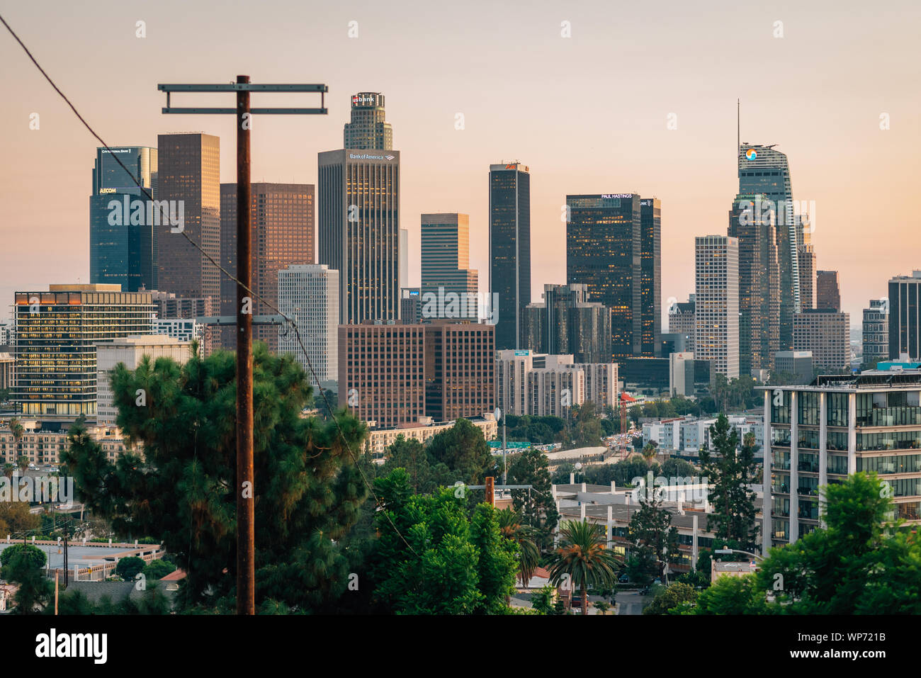 View of the downtown Los Angeles skyline at sunset, California Stock ...