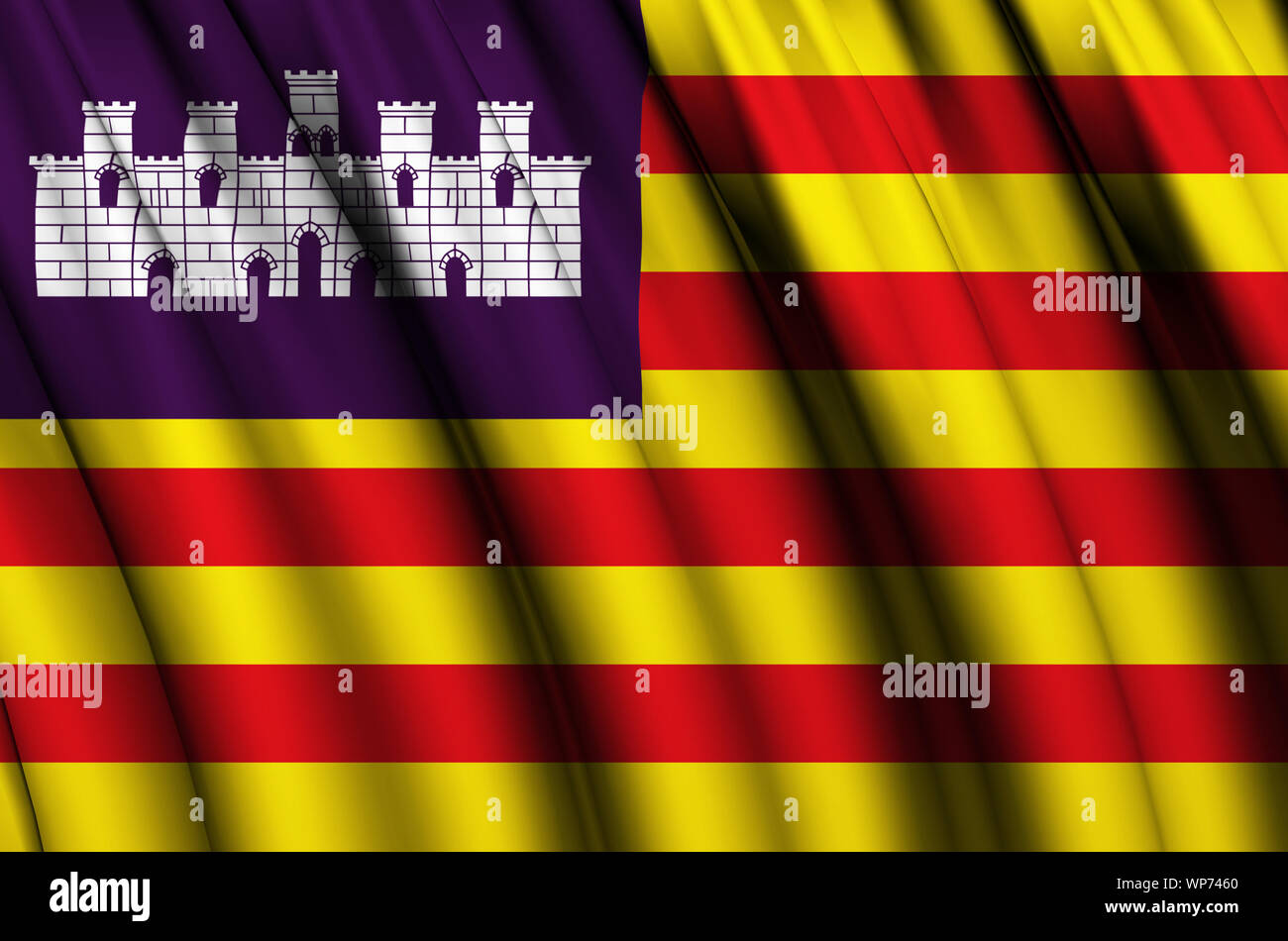 Balearic Islands waving flag illustration. Regions and cities of Spain ...