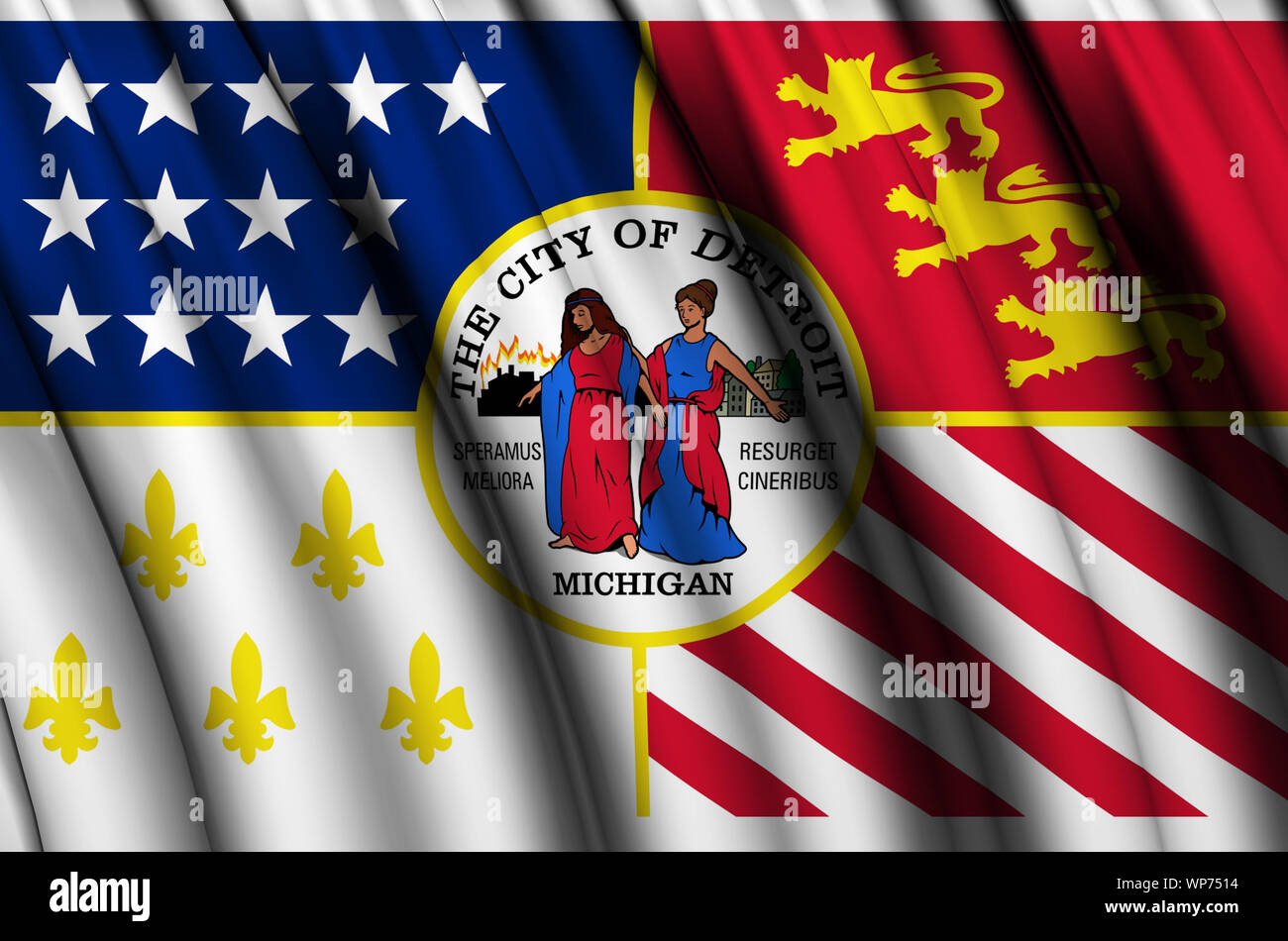 Detroit Michigan waving flag illustration. Regions and Cities of the ...