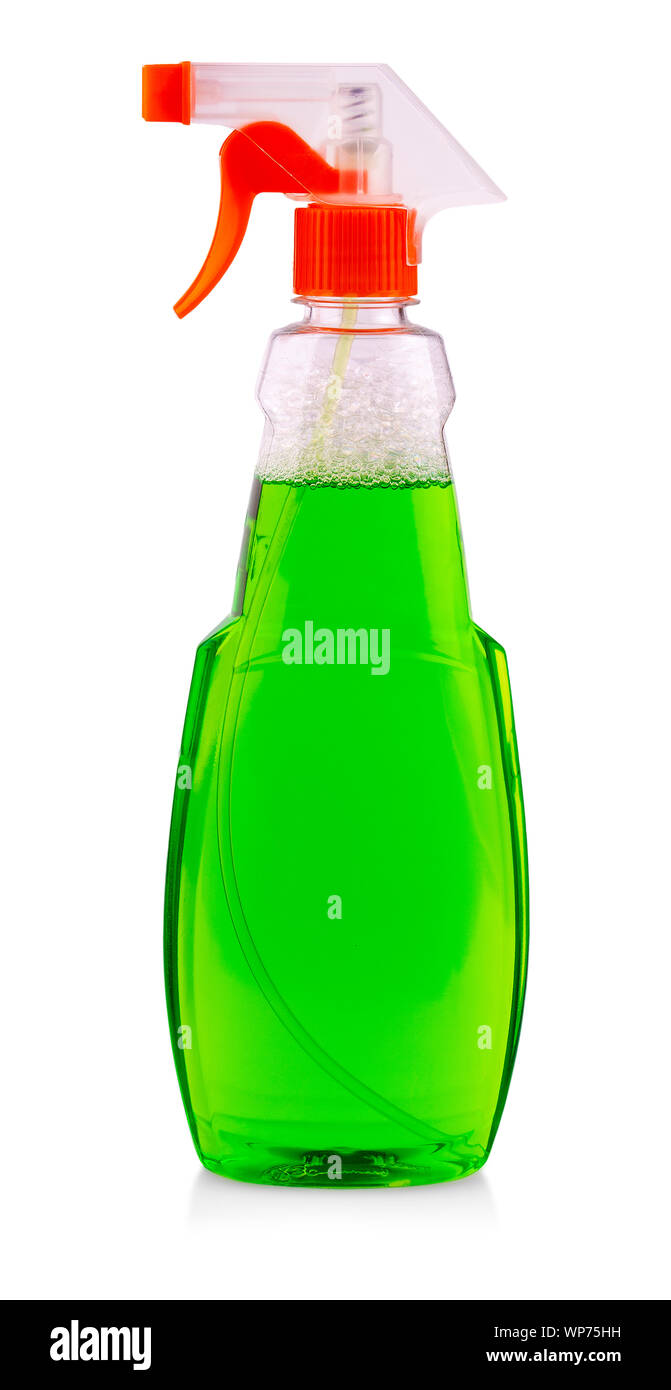Green spray bottle with liquid isolated on white background Stock Photo ...