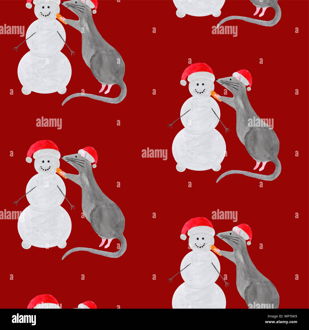 Seamless pattern with Christmas rat building snowman. Template for ...