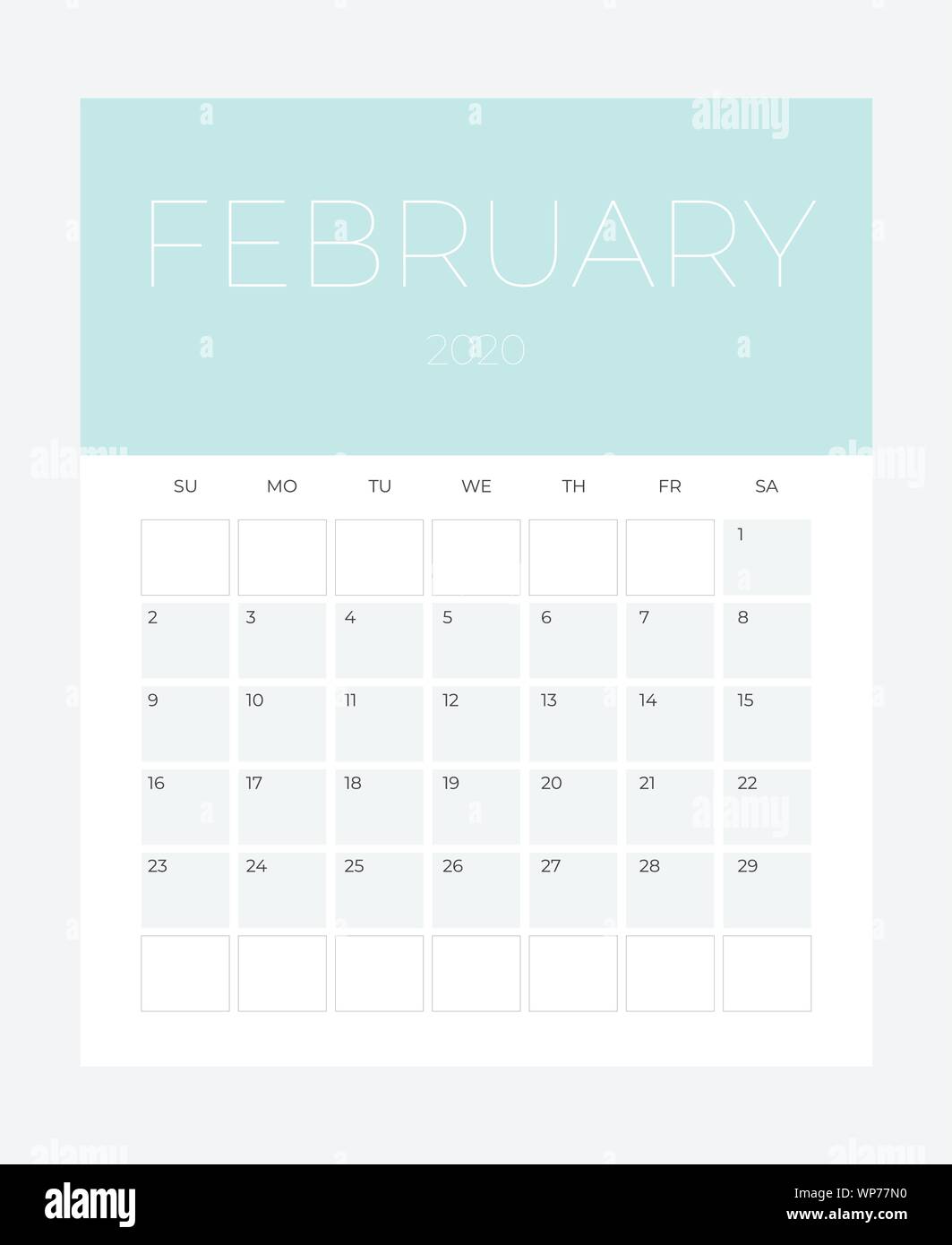 February - 2020 Calendar - illustration. Template. Mock up Week starts ...
