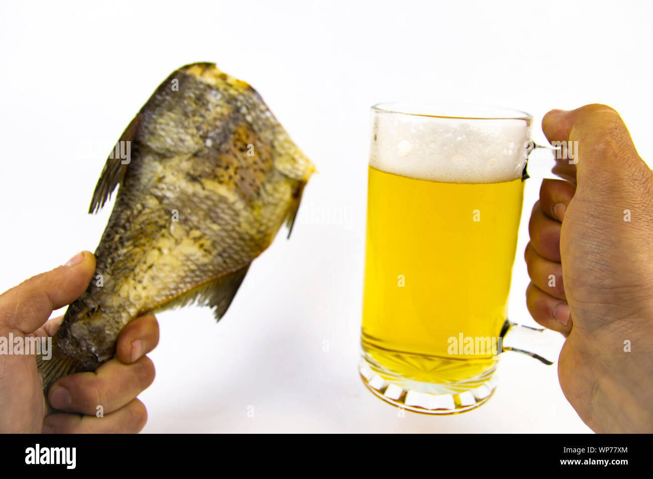 Dried fish and beer in a glass isolated on white background. Fishing ...