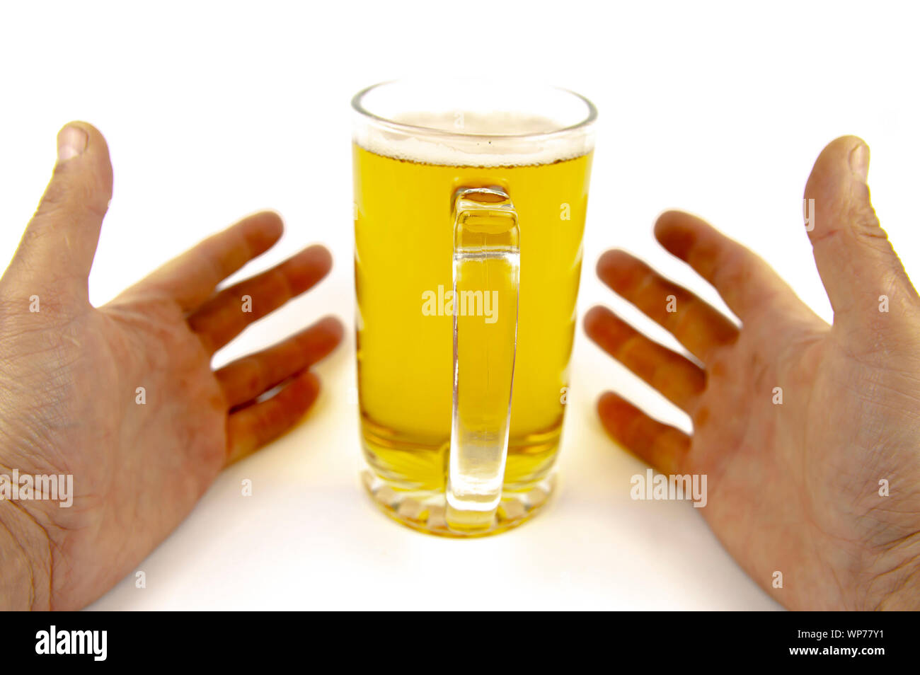 Glass mug of beer and hand gestures on a white background Stock Photo ...