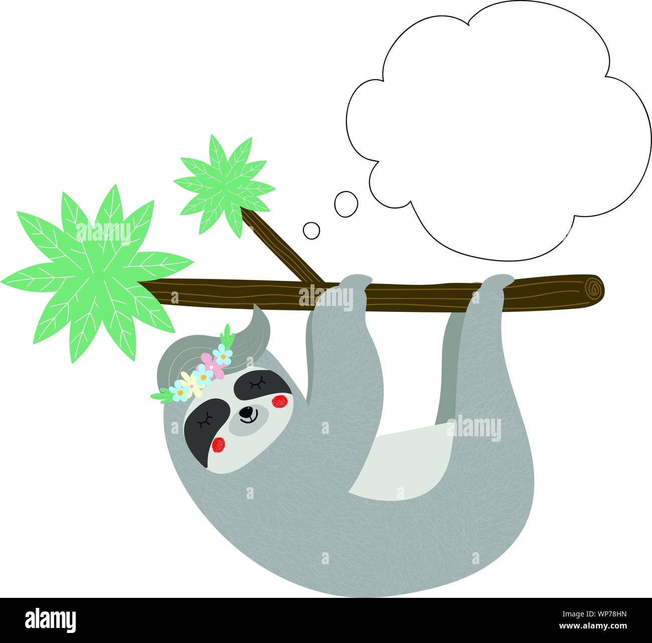 Cute funny sloth in flower wreath sleep hanging on tree branch isolated ...