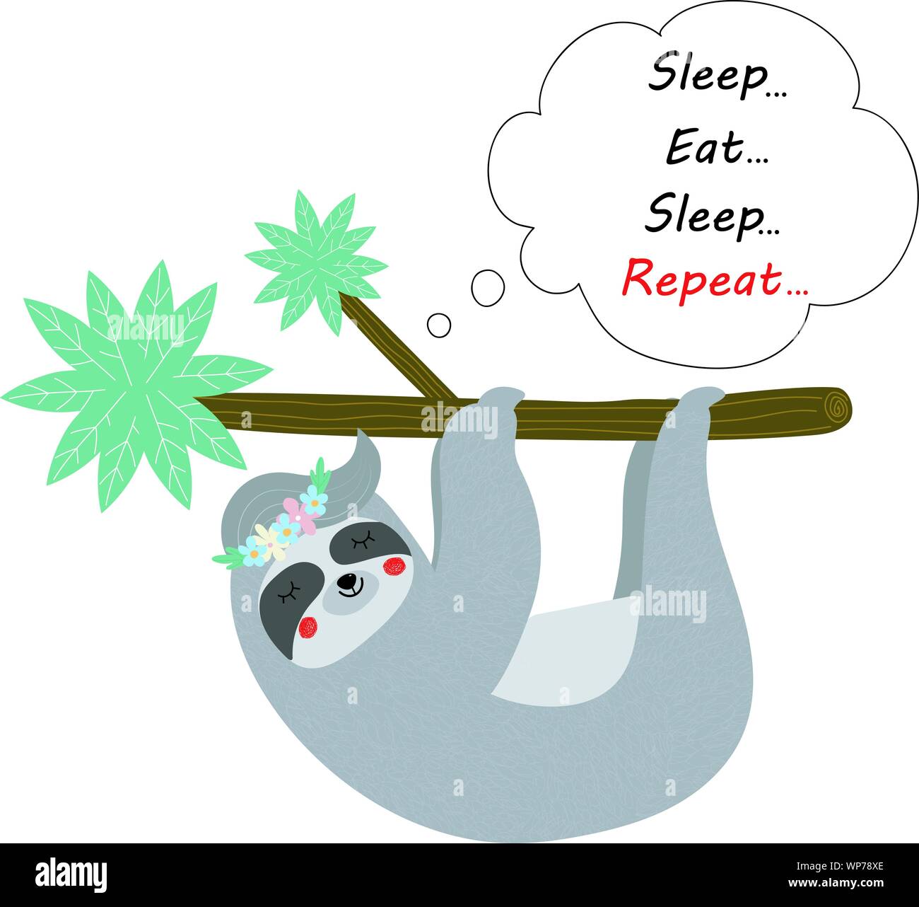 Cute funny sloth hanging on tree branch isolated on white background ...