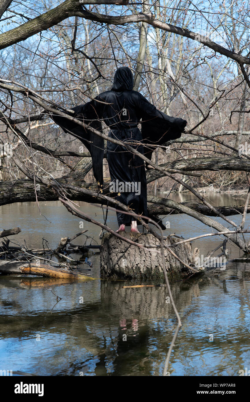 Hooded woman in black robes standing on a tree stump in the middle of a ...