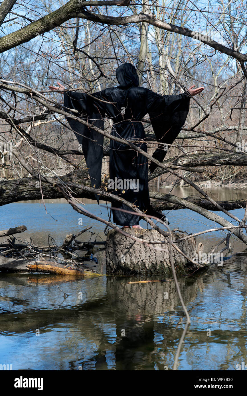 Hooded woman in black robes standing on a tree stump in the middle of a ...